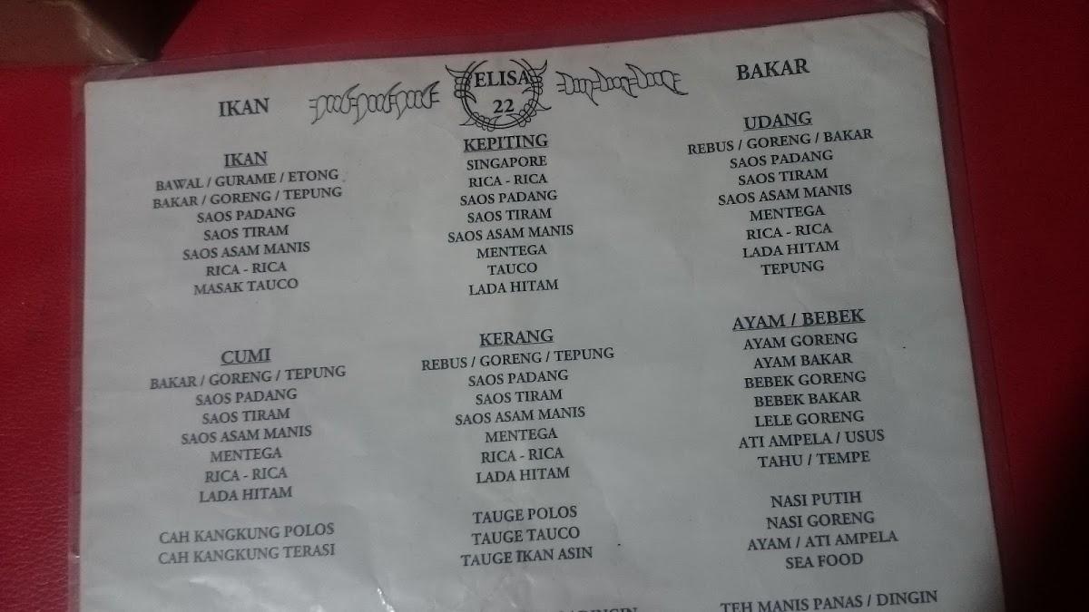 Menu at Elisa 22 Seafood restaurant, Karawang
