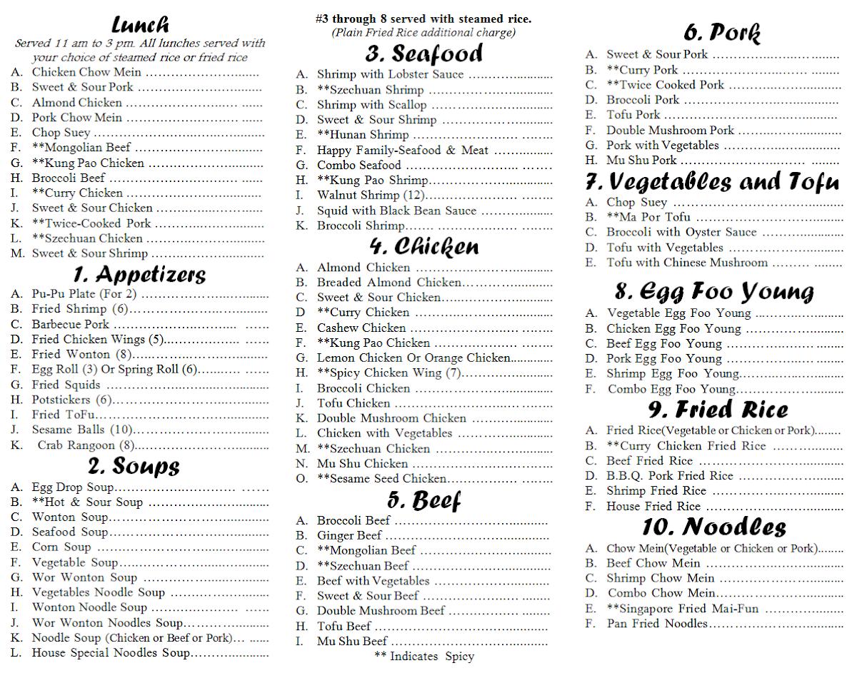 Menu at Good Fortune Restaurant, Ketchikan