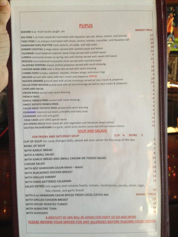 Menu at La Mariana Sailing Club, Honolulu, 50 Sand Island Access Rd
