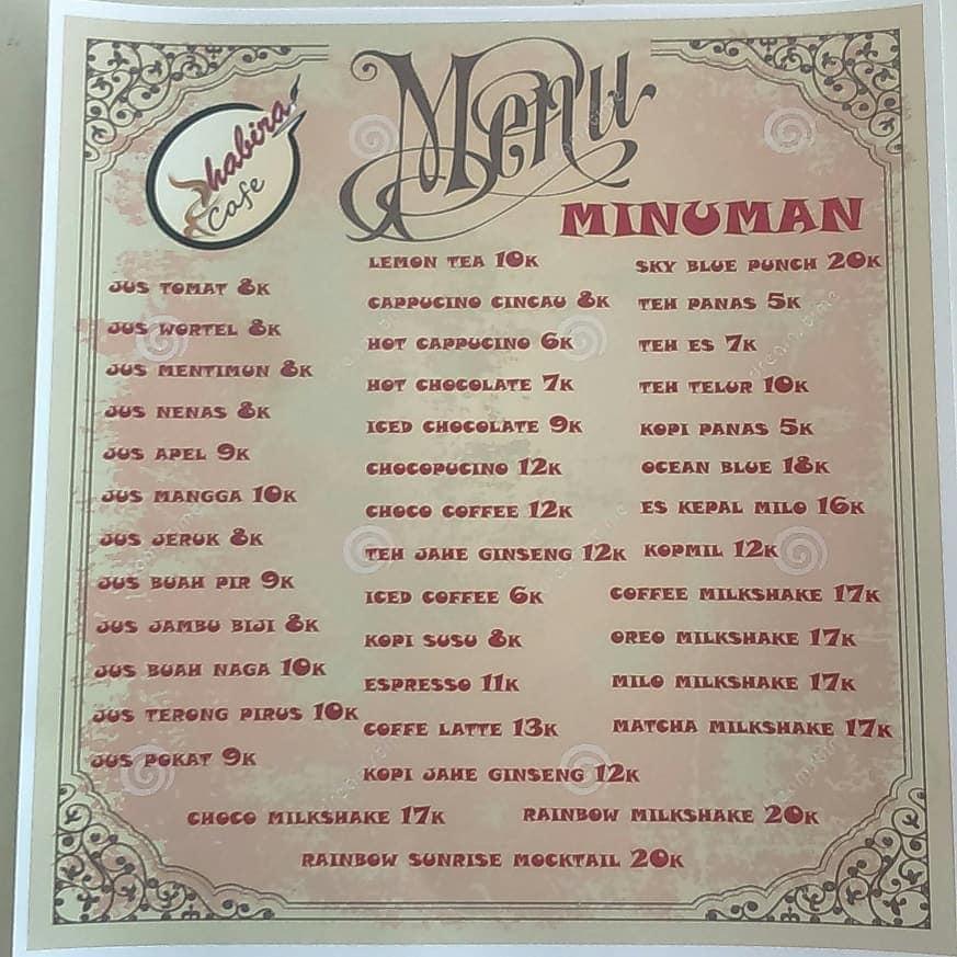 Menu at Shabira cafe, Pariaman
