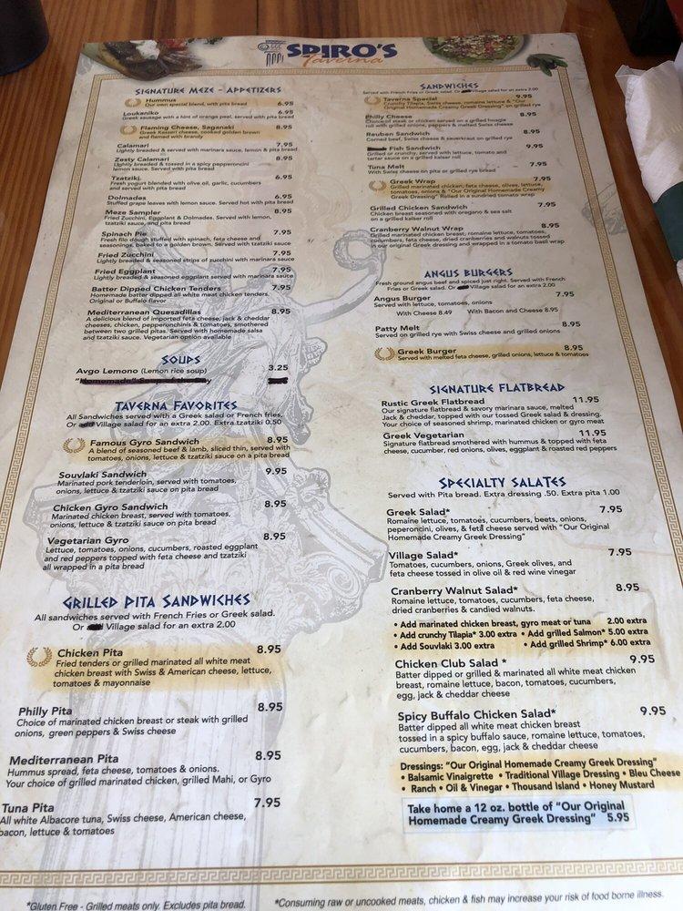 Menu at Spiro’s Taverna of Vero Beach restaurant, Vero Beach