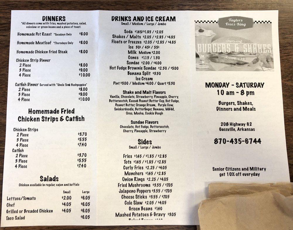 Menu at Taylor's Freez King restaurant, Gassville