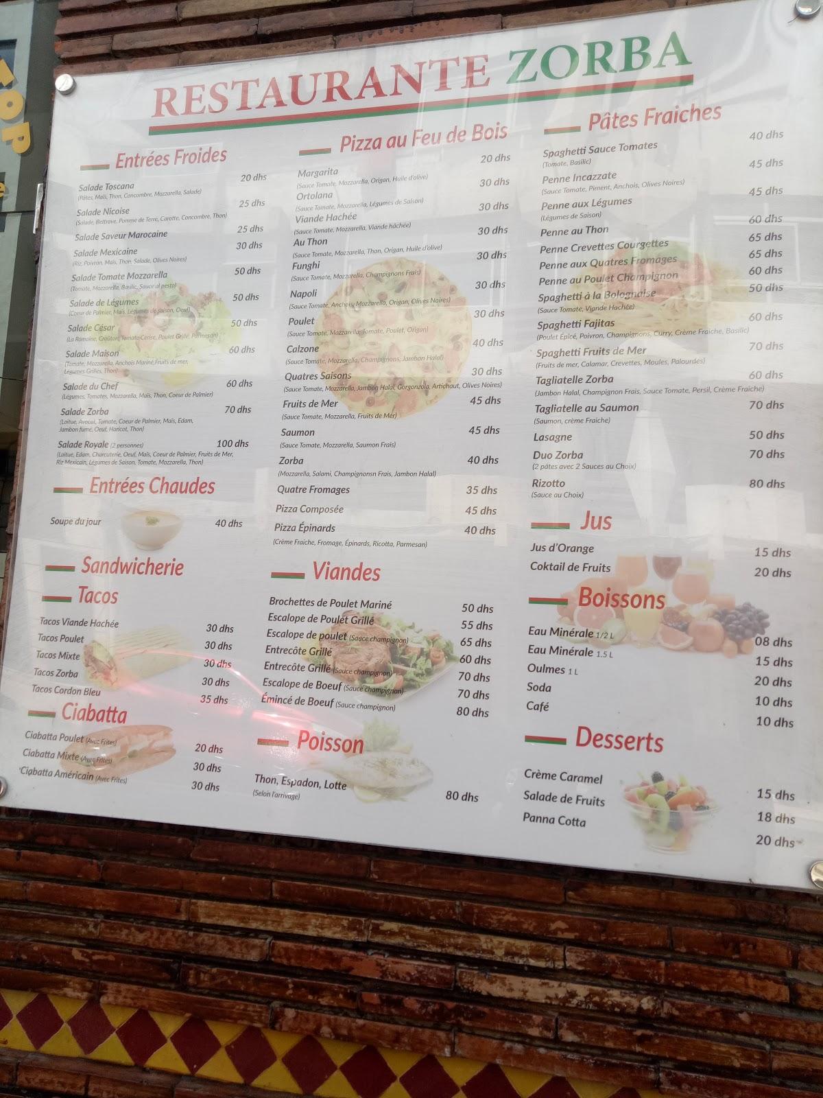 Menu at Restaurant zorba, Casablanca