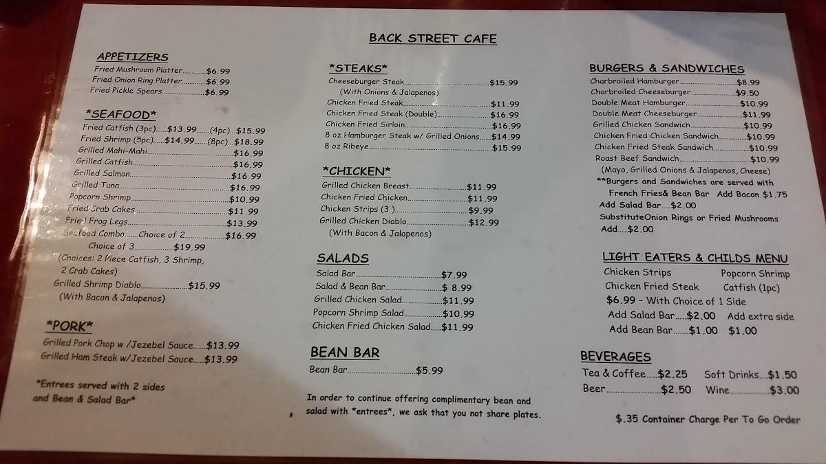 Menu at Back Street Restaurant, Sinton