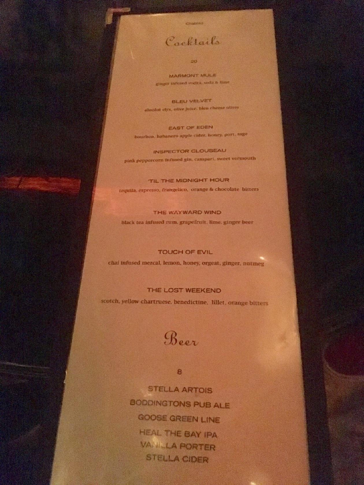 Menu at Bar Marmont, Los Angeles, Sunset Blvd