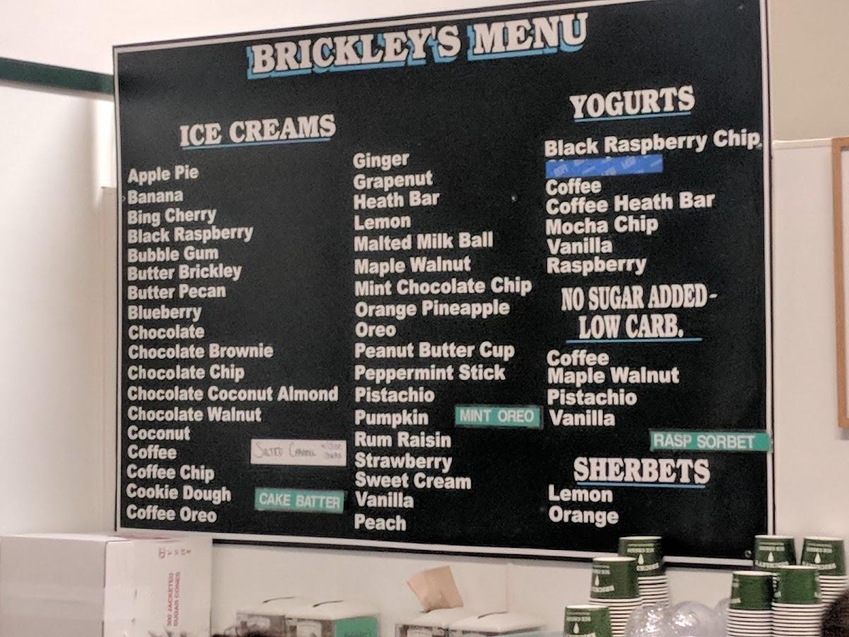 Menu at Brickley's Ice Cream restaurant, South Kingstown, 322 Main St