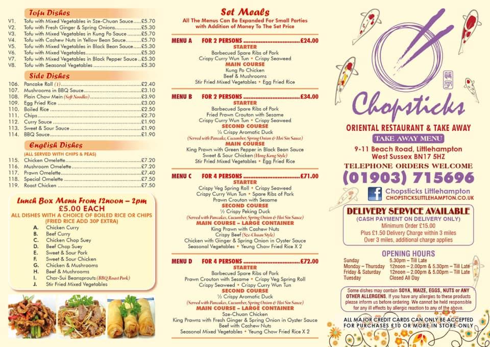 Menu at Chopsticks fast food, Littlehampton