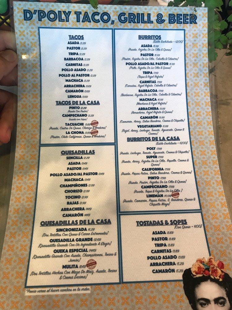 Menu at D'Poly Taco, Grill & Beer pub & bar, El Centro