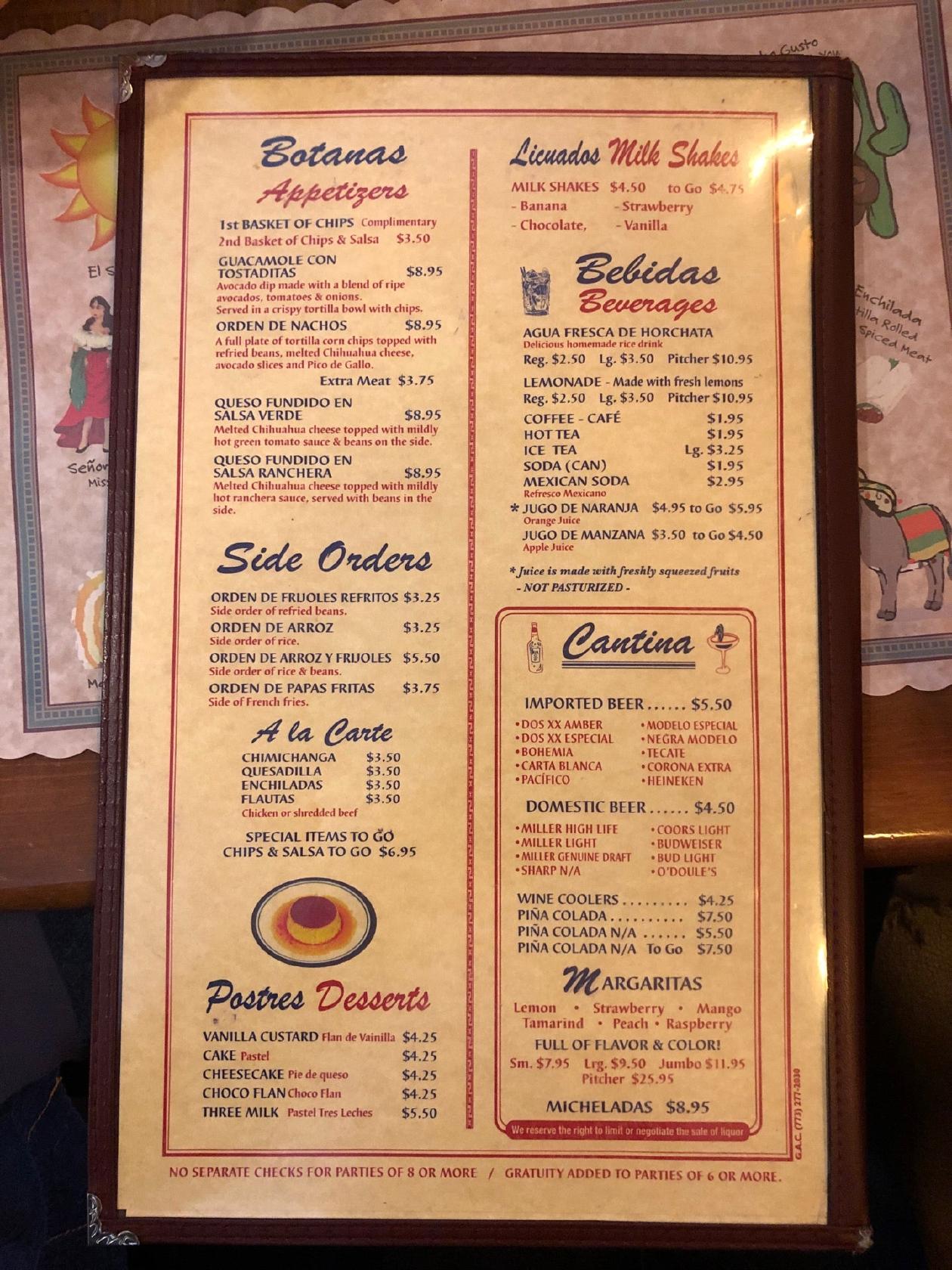 Menu at El Señorial Mexican restaurant, Milwaukee, S 31st St