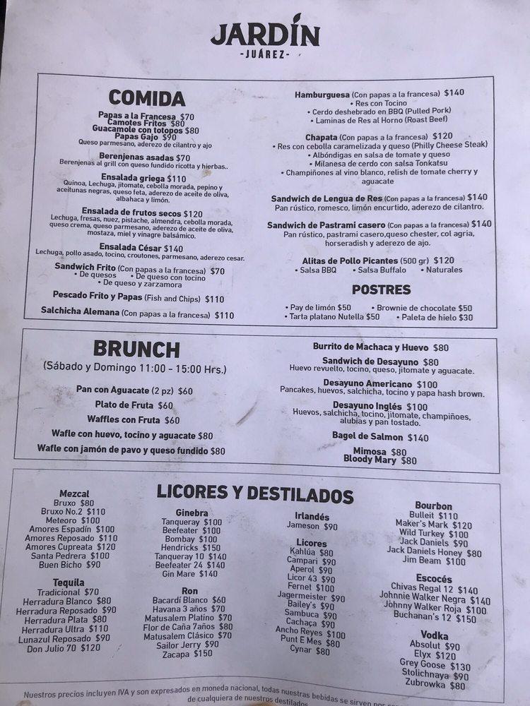 Carta del pub y bar Jardín Juárez, Ciudad López Mateos, Av Chapultepec 61