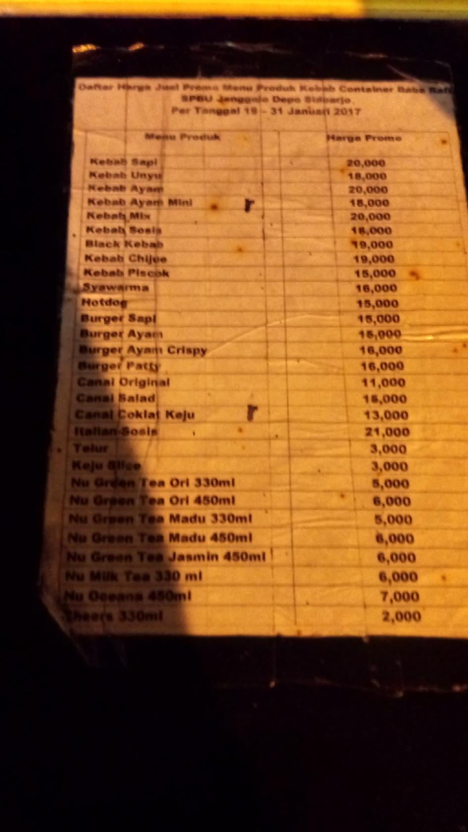 Menu at Kebab Container by Baba Rafi, Sidoarjo