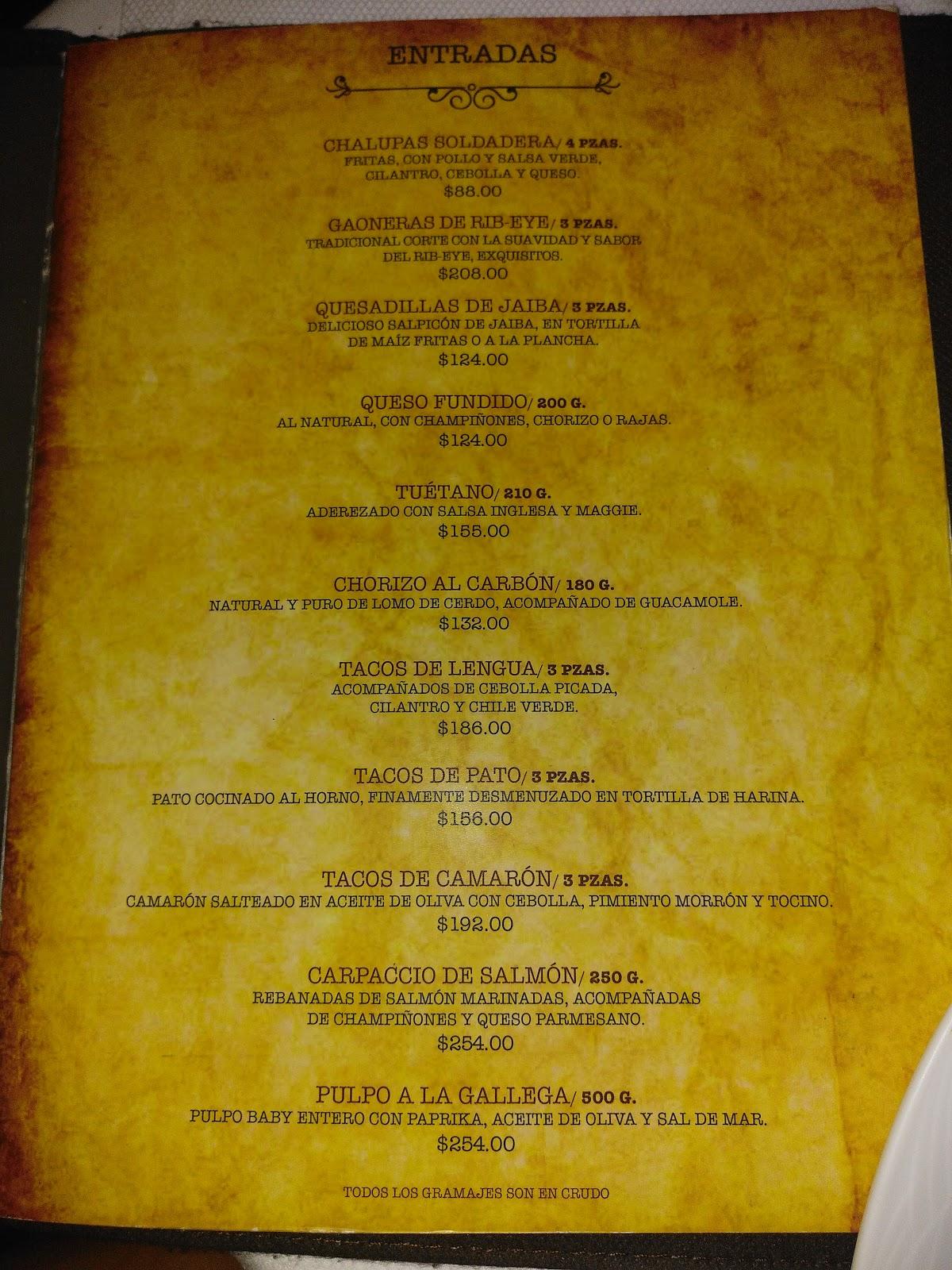 Menu at La Soldadera pub & bar, Mexico City