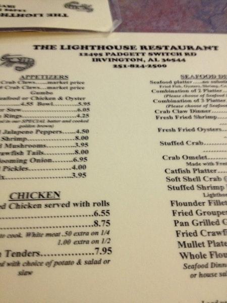 Menu at Lighthouse Restaurant, Bayou La Batre, Padgett Switch Rd
