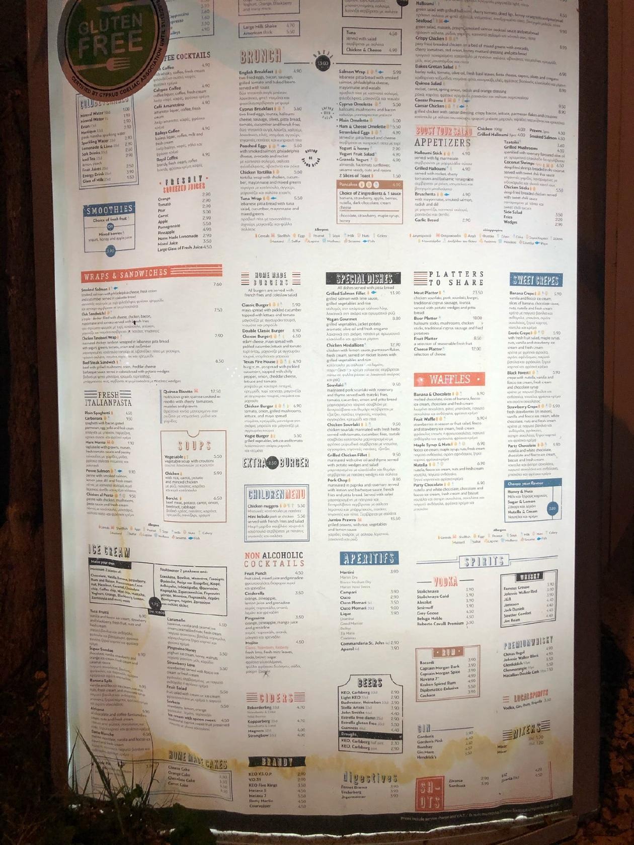 Menu at Pingouino, Paphos, Poseidonos Ave