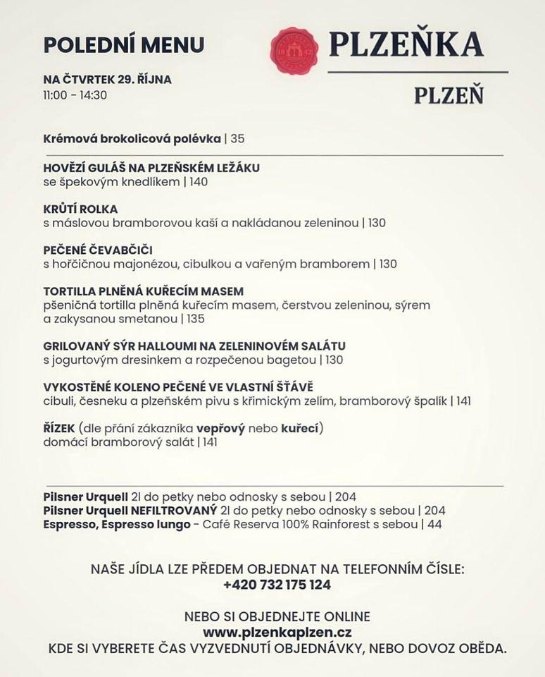 Carta del restaurante Plzeňka Plzeň, Pilsen