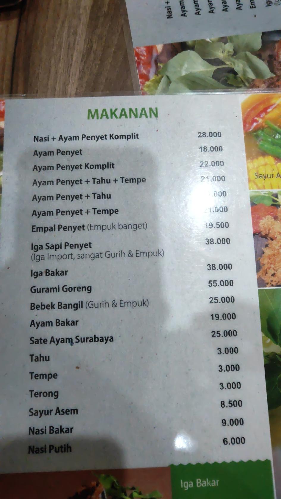 Carta del restaurante Sari Rasa Ayam Penyet, Balikpapan