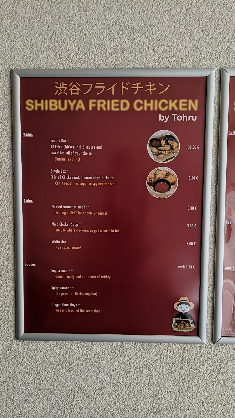 Menu at Shibuya Fried Chicken restaurant, Munich