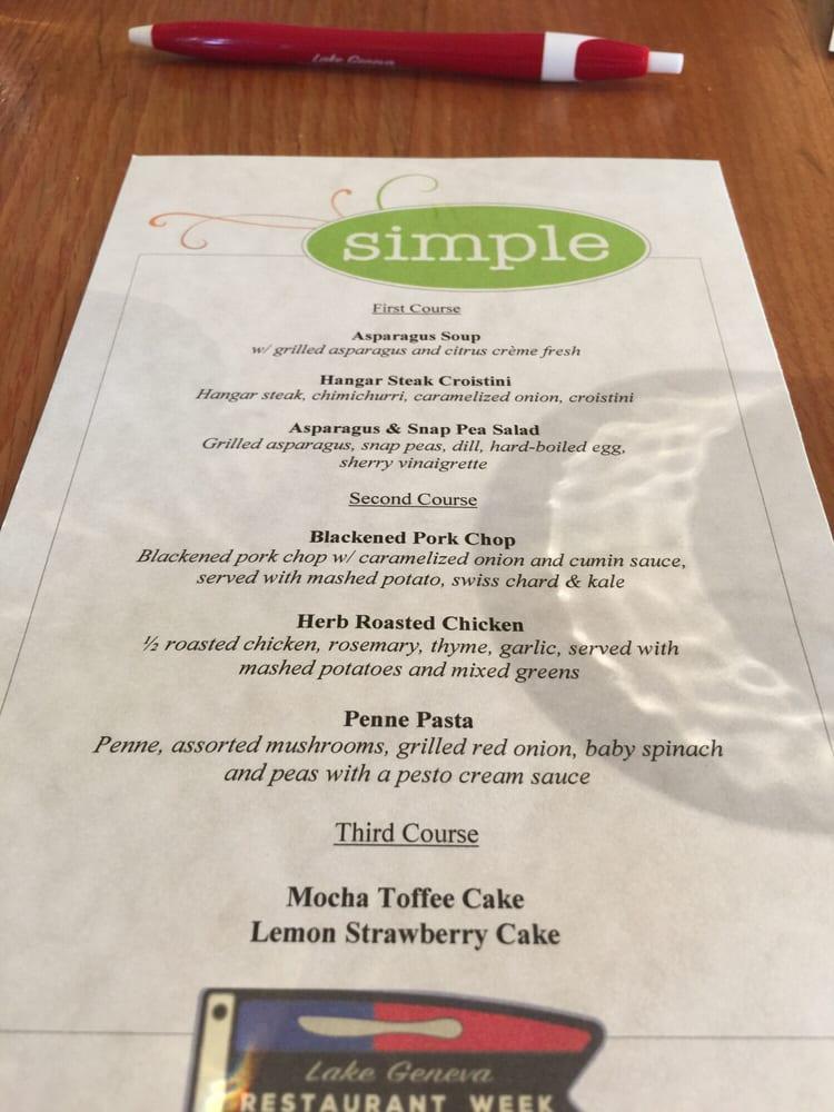 Menu at Simple Café restaurant, Lake Geneva
