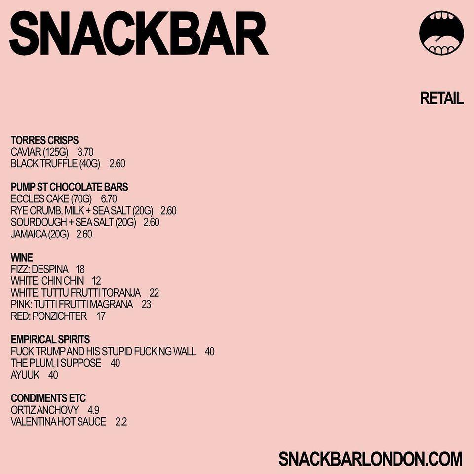 Menu at Snackbar, London