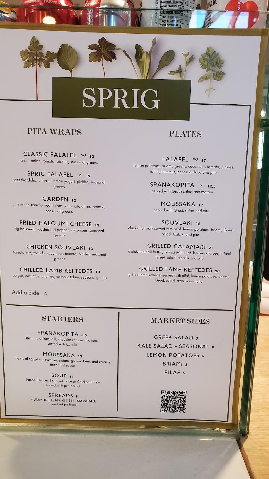 Menu at Sprig Contemporary Greek Kitchen restaurant, Vancouver