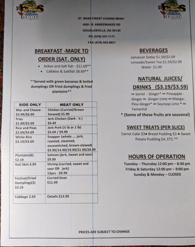 Menu at St. Bess Finest Cuisine restaurant, Douglasville