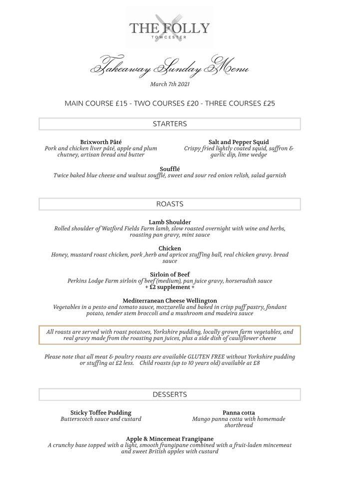 Menu at The Folly Inn desserts, Towcester