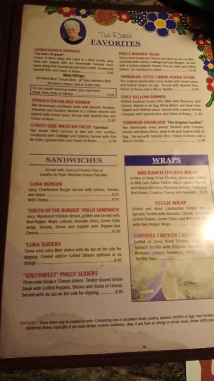 Menu at Valle Luna restaurant, Phoenix, W Bell Rd