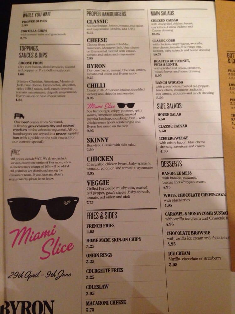 Menu at Byron restaurant, London, 33-35 Wellington Street