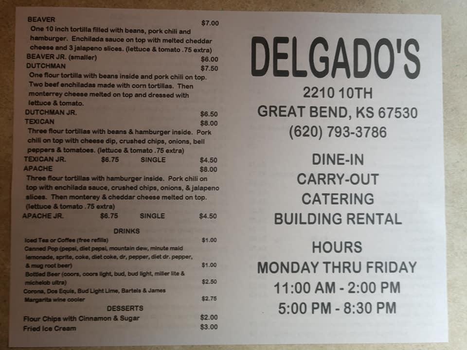 Menu at Delgado's restaurant, Great Bend