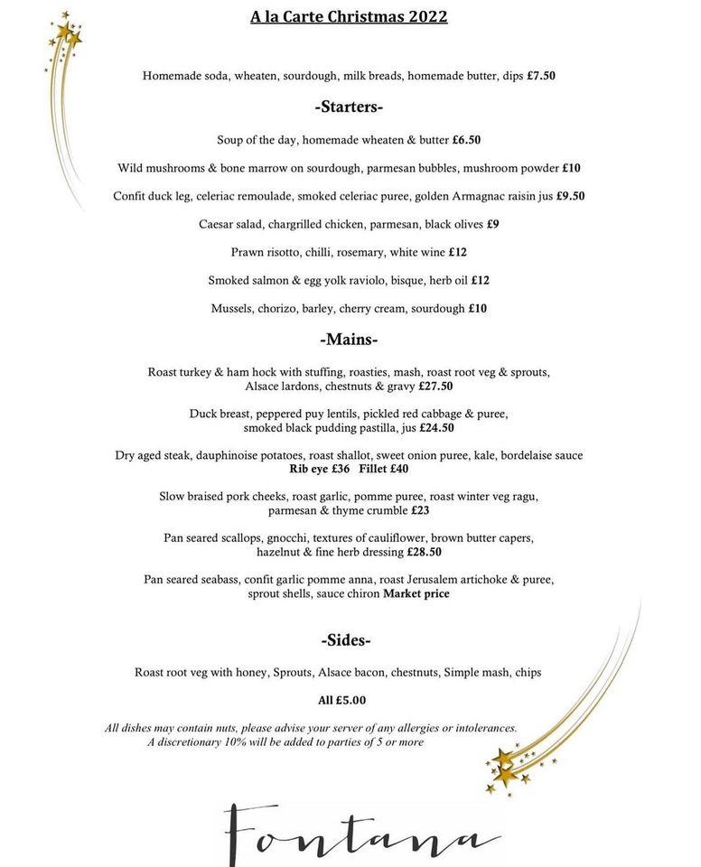 Menu at Fontana Restaurant, Holywood