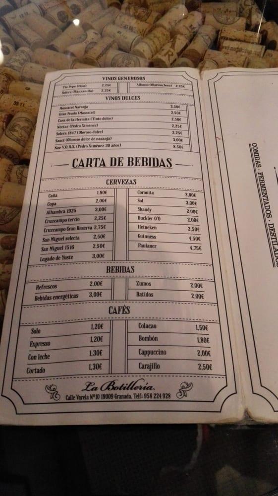 Carta de Restaurante La Botillería, Granada, Calle Varela Nº10