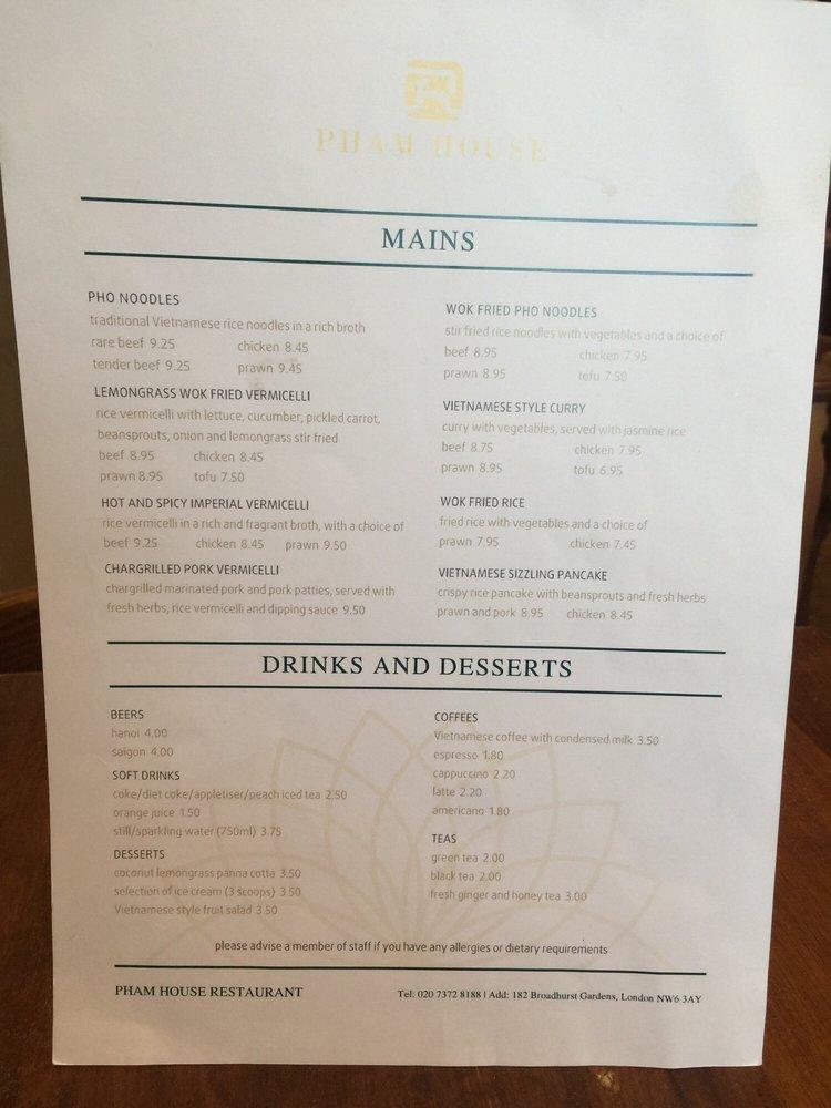 Menu at Pham House restaurant, London