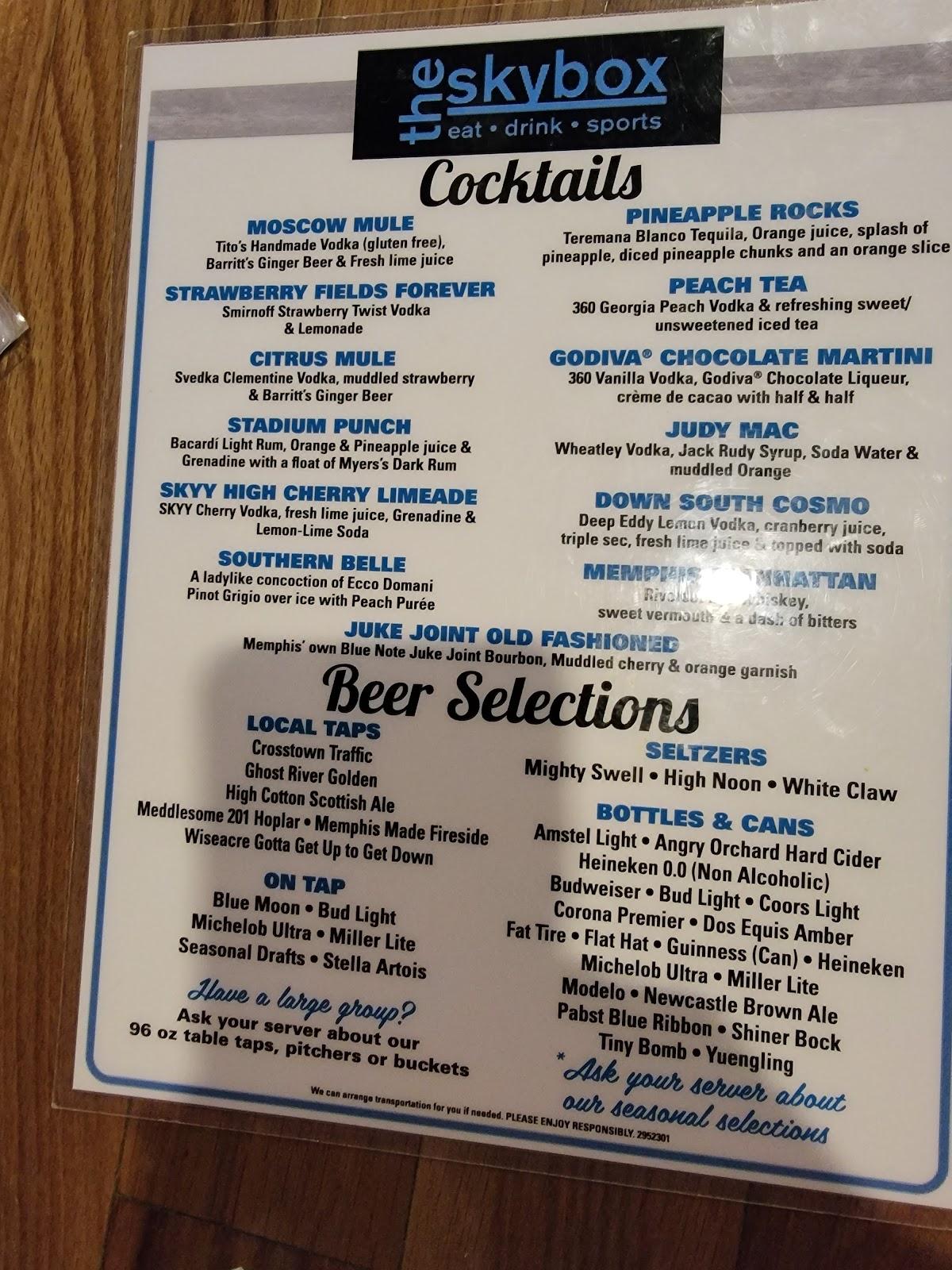 Menu at The Skybox Grill pub & bar, Collierville, W Poplar Ave #101