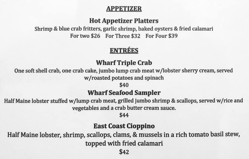 Menu at The Wharf restaurant, Alexandria, 119 King St