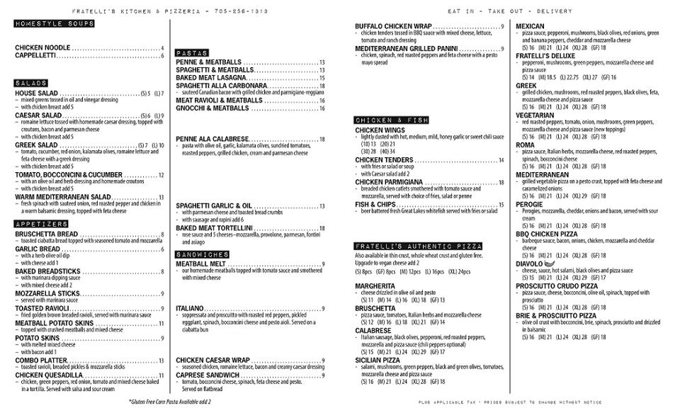Menu at Fratelli's Kitchen pizzeria, Sault Ste. Marie