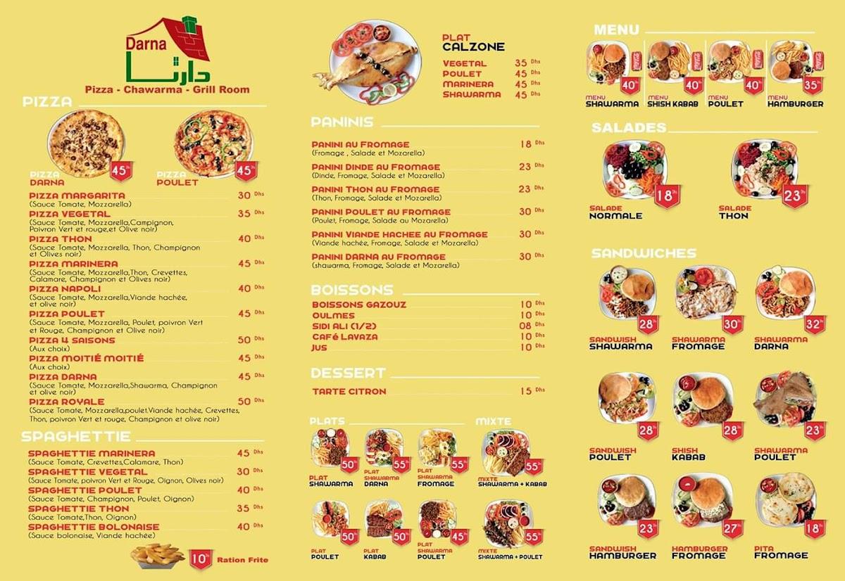 Menu at Pizzeria Darna, Tangier