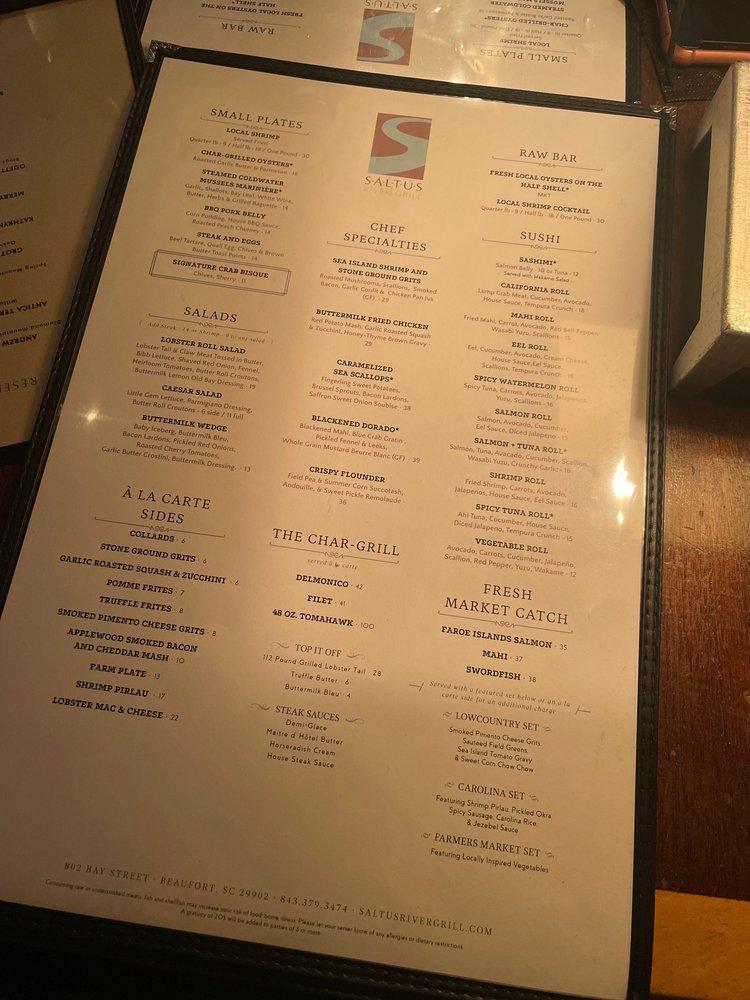 Menu at Saltus River Grill restaurant, Beaufort