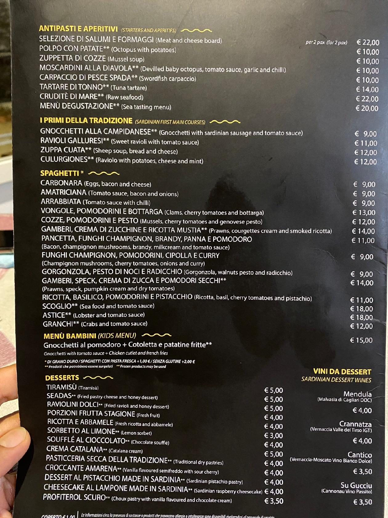 Speisekarte von m 'n m vineria & spaghetteria restaurant, Santa Teresa ...