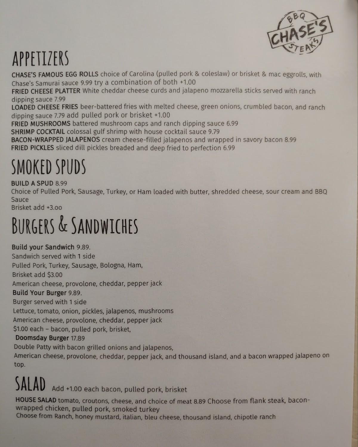 Menu at Chase's Steak House restaurant, Woodward