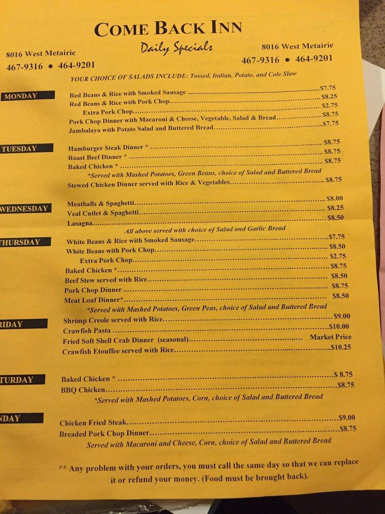 Menu at Come Back Inn restaurant, Metairie, W Metairie Ave