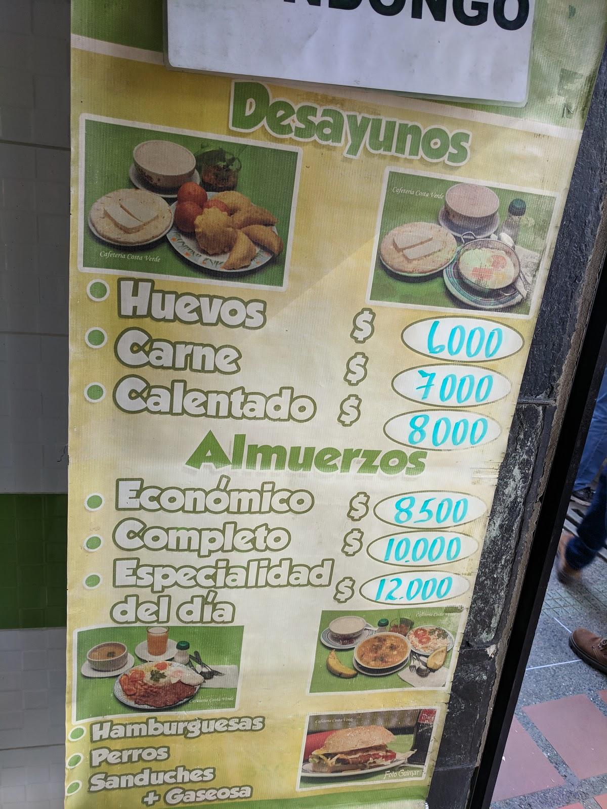 Menu at Costa verde restaurant, Medellín