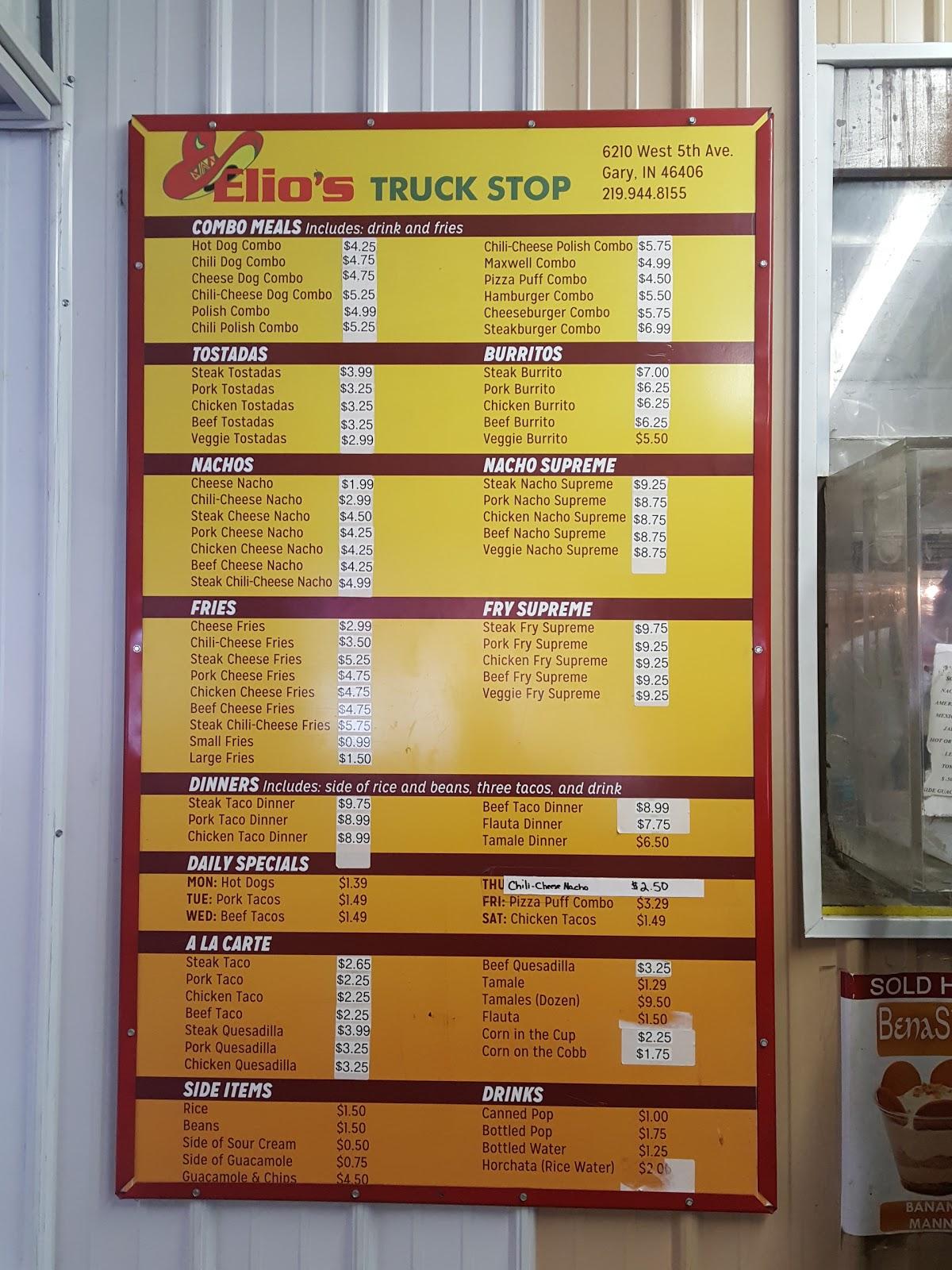 Menu at Elio's Hot Dogs & Mexican Food restaurant, Gary