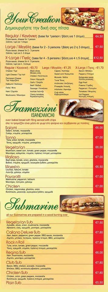 Menu at Pizzeria Caliano, Paphos
