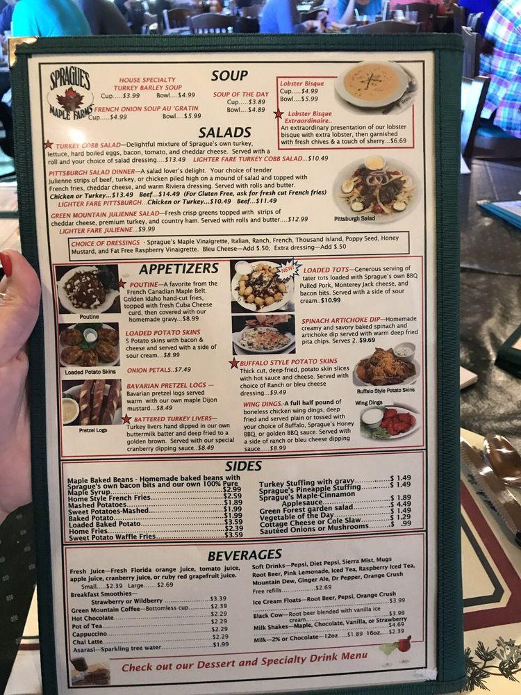 Menu at Sprague's Maple Farms restaurant, Portville