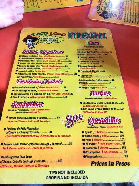 Menu at Taco Loco restaurant, Cabo San Lucas, Plaza de los Mariachis