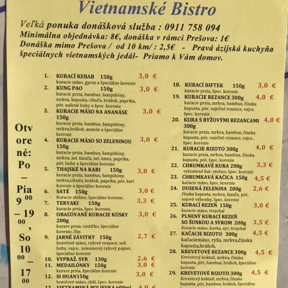 Menu at Vietnamské bistro restaurant, Prešov