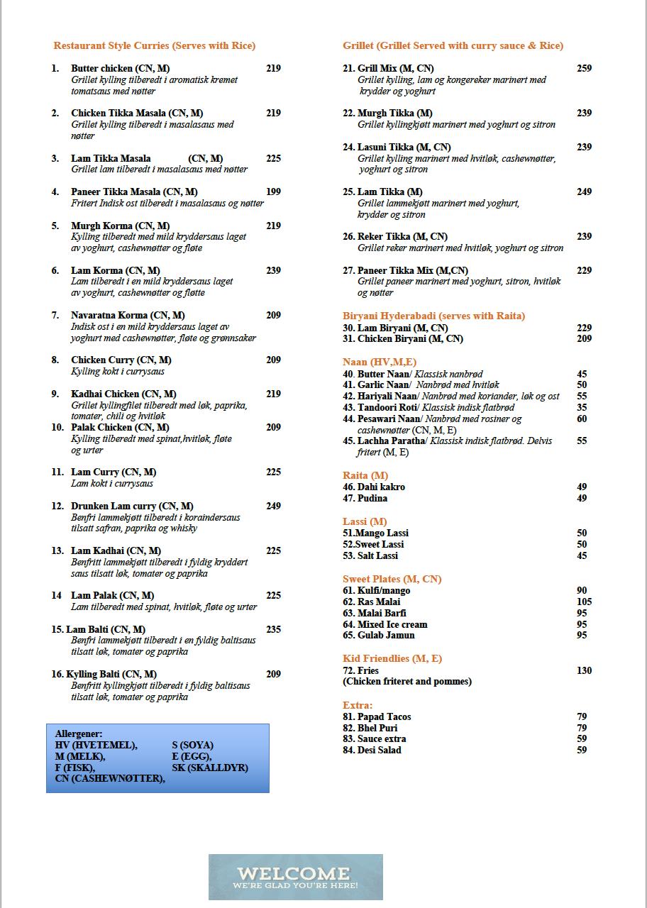 Menu at BENARES Indisk Restaurant and Bar, Oslo