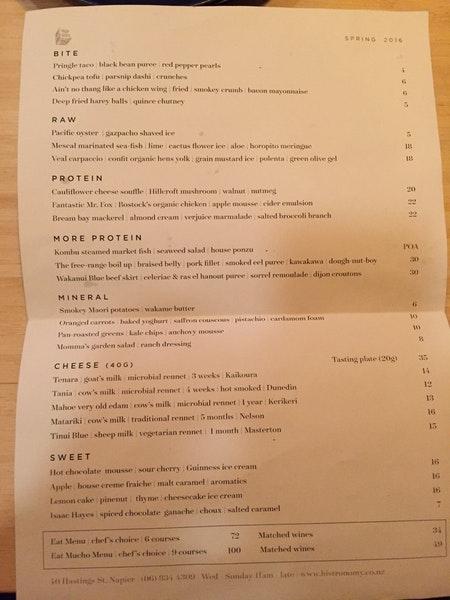 Menu at Bistronomy & Vinotech restaurant, Napier, 40 Hastings St