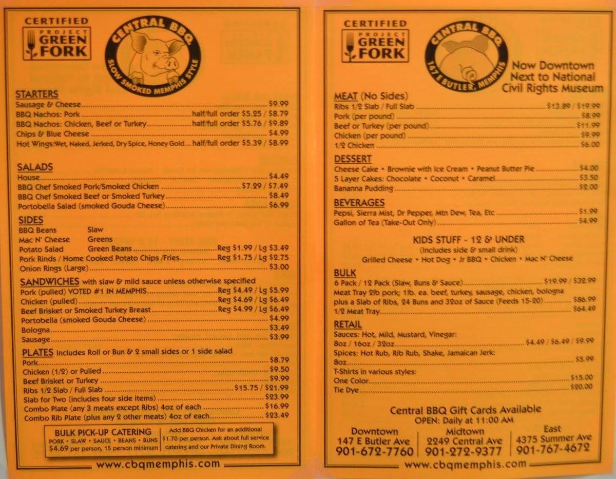 Menu at Central BBQ - Downtown, Memphis, 147 E Butler Ave