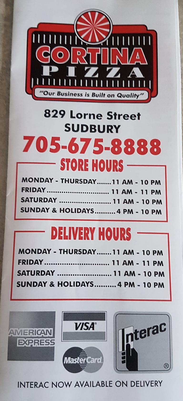 Menu at Cortina Pizza pizzeria, Sudbury, 829 Lorne St